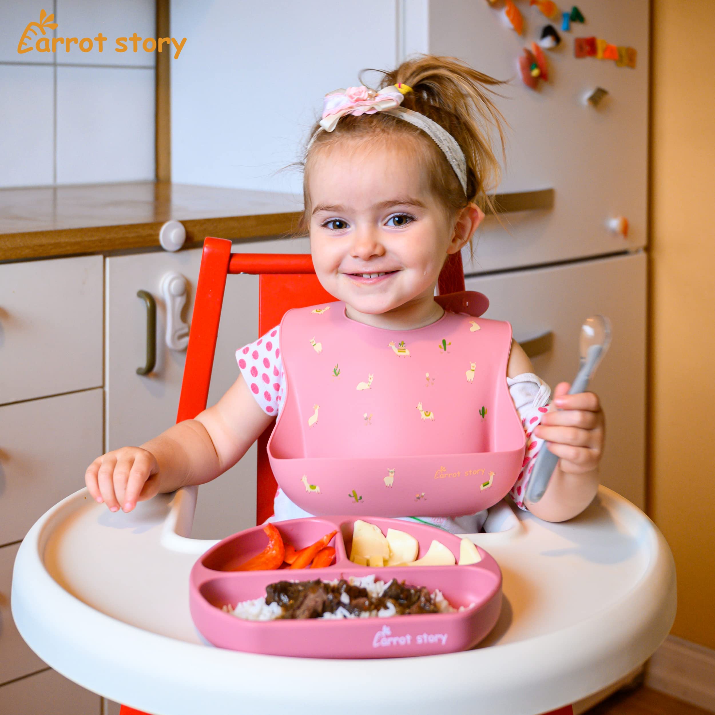 Carrot story 100% Silicone Suction Baby Toddler Plate, 2-Pack, Waterproof Washable Plate, BPA Free, Microwave/Dishwasher Safe (Sweet)