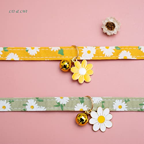 2 Pack Cotton Breakaway Cat Collars with Bell Flower Pendant Kitty Kitten Collars Yellow Green Collar for Female Girl Cats Male Boy Cats