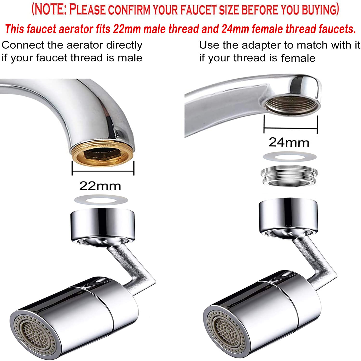 2 Pack Dual-Function 2-Flow Sprayer Faucet Head, 720 Degree Swivel Faucet Aerator, Large-Angle Rotating Splash Filter Faucet, Faucet Replacement Part-55/64-27UNS Inch Female Thread Faucet