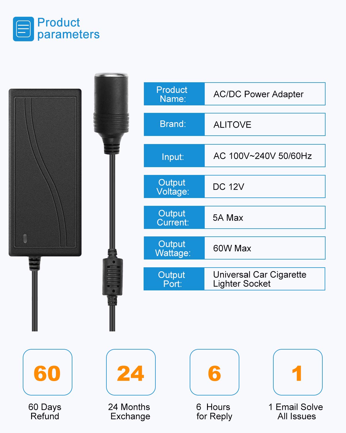 ALITOVE AC to DC Converter 12V 5A 60W 100-240V to 12V Car Cigarette Lighter Socket AC/DC Power Adapter Power Supply for Car Vacuum Cleaner Car Fan Car MP3 Other Car Devices Under 60W