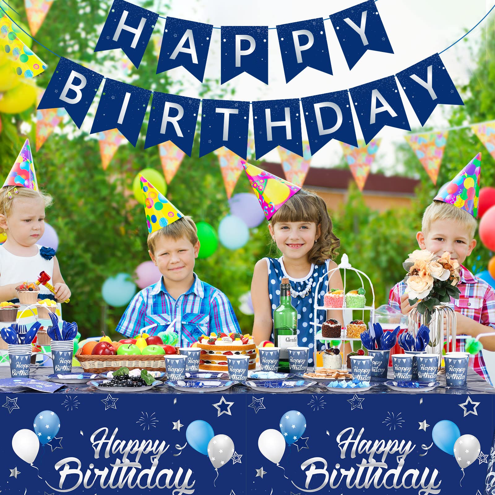 171 Pieces Happy Birthday Party Tableware Set Birthday Decoration Birthday Banner and Tablecloths Plates Cups Napkins Party Dinnerware for 24 Guests Party Supplies (Blue and Silver)