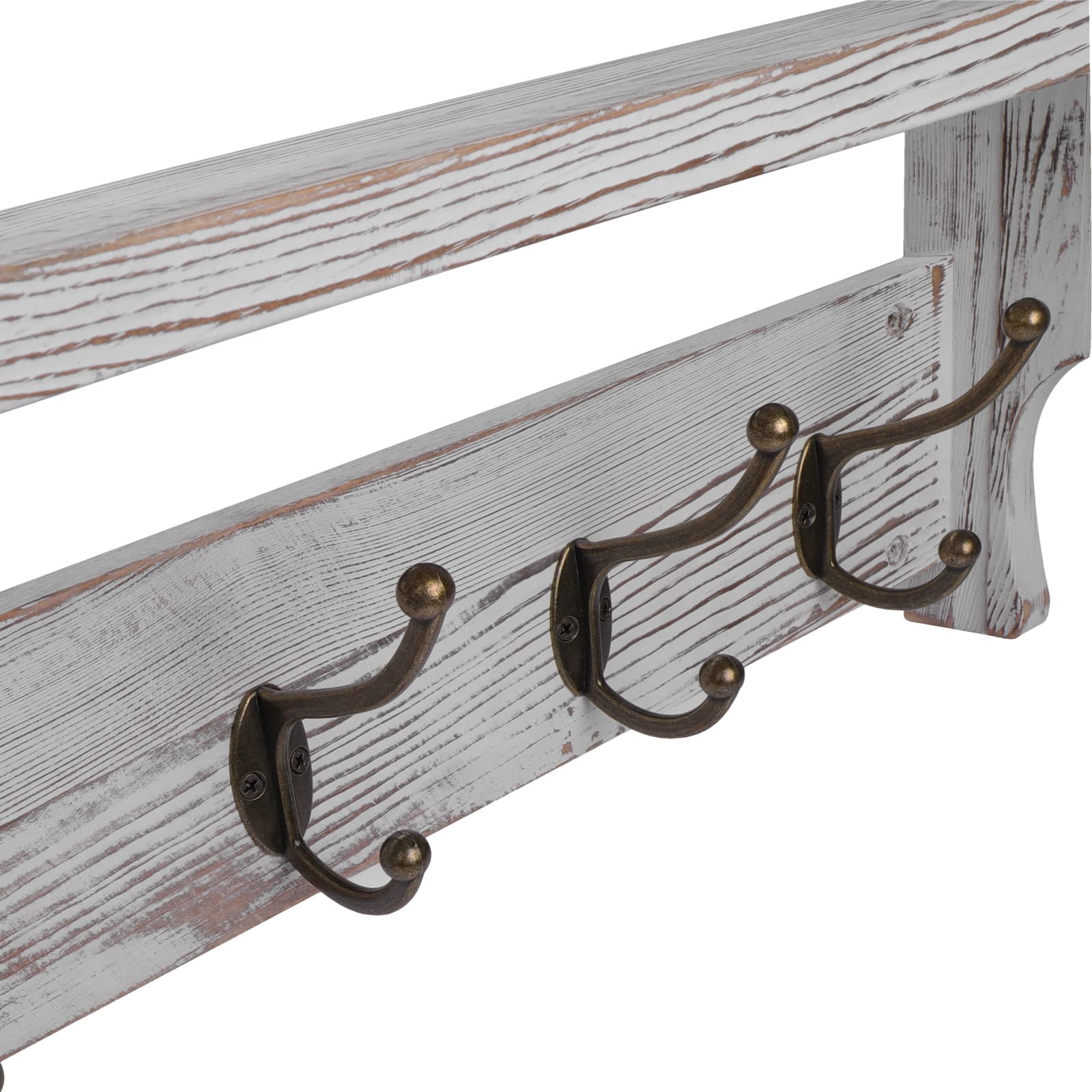35" Long Coat Rack Wall Mount with Shelf, Rustic Wooden Entryway Shelf with 8 Hanger Hooks, Farmhouse Mounted Pinewood Floating Wall Hook Rack Shelf for Kitchen Bathroom Mudroom Laundry, White