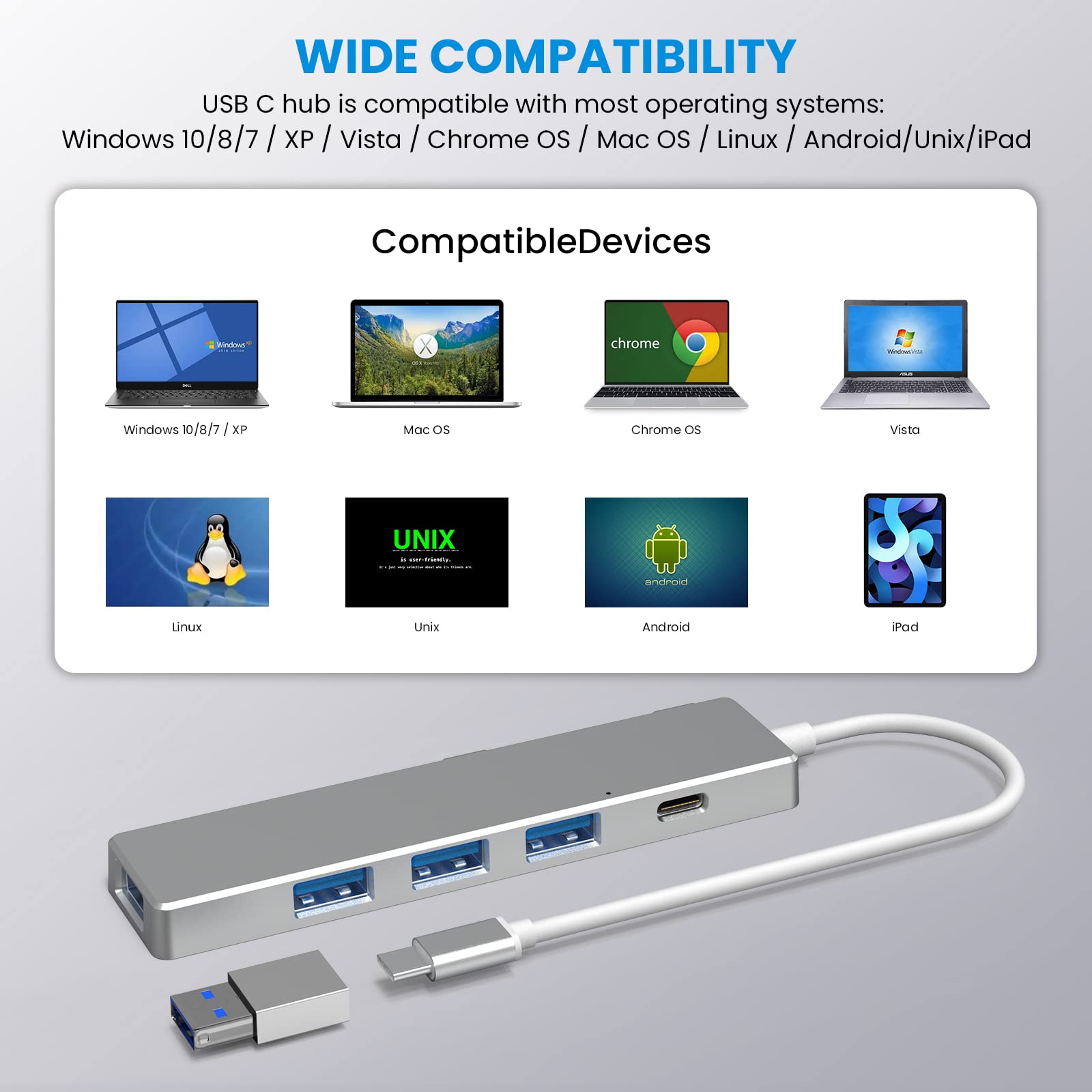 3.0 USB C Hub, Slim Aluminium Alloy High-Speed External USB Port with USB-C to USB Adapter, USB Extender Splitter Compatible with Computer, Mac, PCs, Smartphone, and Tablet