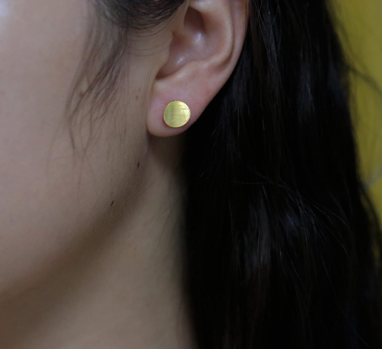 14K Gold Plated Sterling Silver Curved Round Stud Earring Brushed Disc Gold Earrings for Women