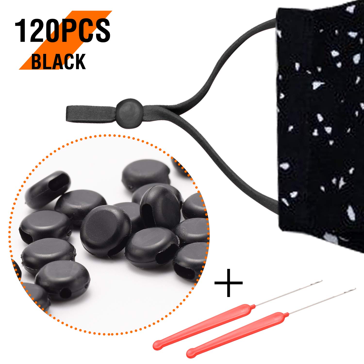 120 PCS Black Adjustable Soft Elastic string cords Buckle adjuster with 2 pcs crochet hook ,Suitable for all different sizes of mask straps bands