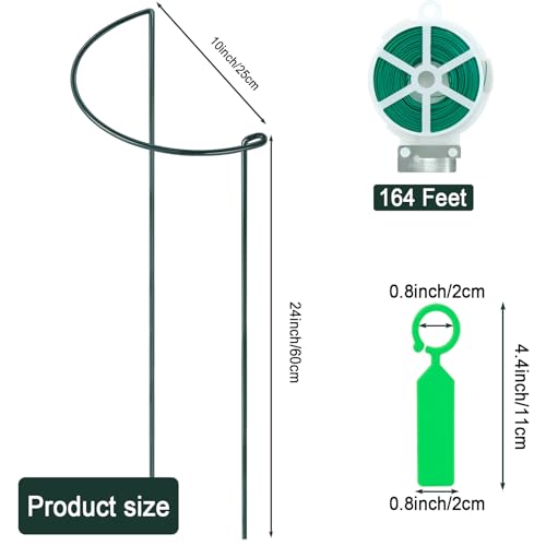 12 Pack Plant Support Stakes, Peony Cages and Supports Large 10" Wide x 24" High Tall Peony Ring Supports, Garden Plant Stakes for Outdoor Plants Rose, Tomato, Hydrangea, Flowers