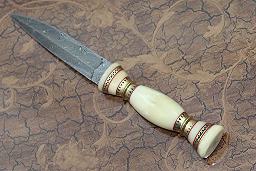 11" Custom made Hand Forged Damascus steel Dagger hunting Knife, Round grip Camel Bone scale crafted with engraved brass spacer, Cow hide Leather Sheath included with belt loop