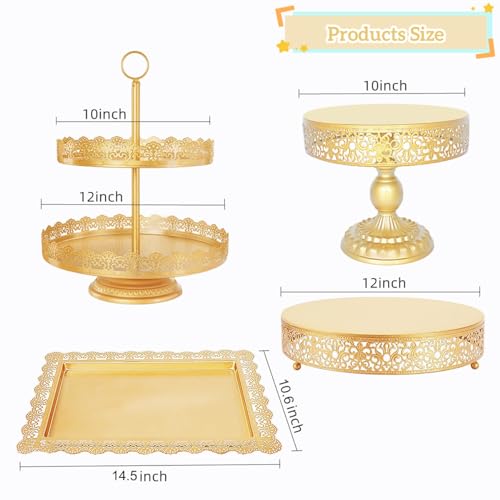 4 Pcs Gold Cake Stands Set, Cake Pedestal Display Table Tiered Cupcake Holder Candy Fruit Dessert Plate Decorating for Wedding Birthday Party Baby Shower Celebration (Gold Metal/ 4 Pcs Cake Stands)