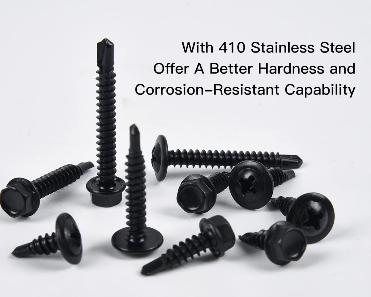 350PCS Self Tapping Screws Assortment, Black #8 Self Tapping Screws for Metal & Plastic with 410 Stainless Steel, Hex Washer Head & Phillips Round Head Self-Tapping Screws for Building & Repair