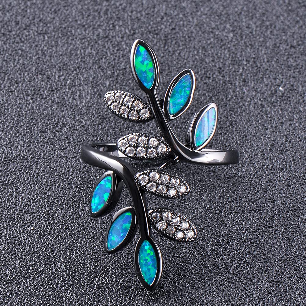 14K Black Gold Leaf Ring, Created Opal Ring Mounted with Cubic Zirconia, 925 Sterling Silver Statement Ring for Women Teen Girls, Size 6 7 8 9 10 (White Opal, 7)