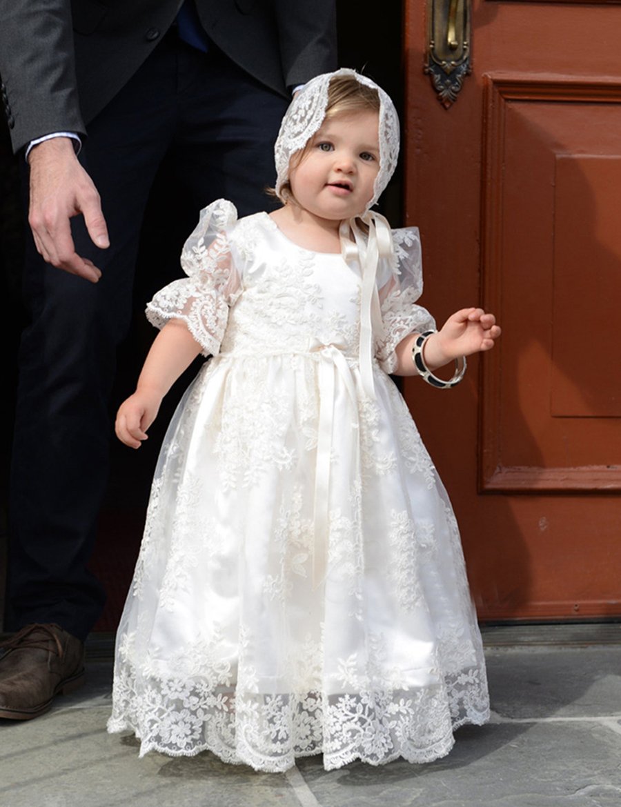 Aorme Long White Lace Bonnet Christening Gowns for Girls with Buttons Half Sleeves