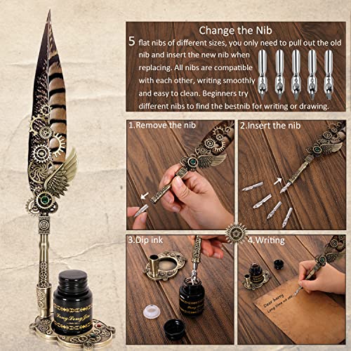 Antique Mechanical Gear Feather Pen Calligraphy Pen Set, Quill Pen Ink Set, Beginner Calligraphy Pen Quill pen, Wax Seal Stamp Kit, Calligraphy Copybook,Suitable for beginners/calligraphy lovers.