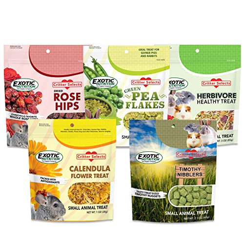 Chinchilla Treat Sampler - Healthy Natural Assorted Variety Treat Package - Rose Hips, Pea Flakes, Calendula Flowers, Timothy Puff Sticks & More - For Pet Chinchilla & Other Herbivores