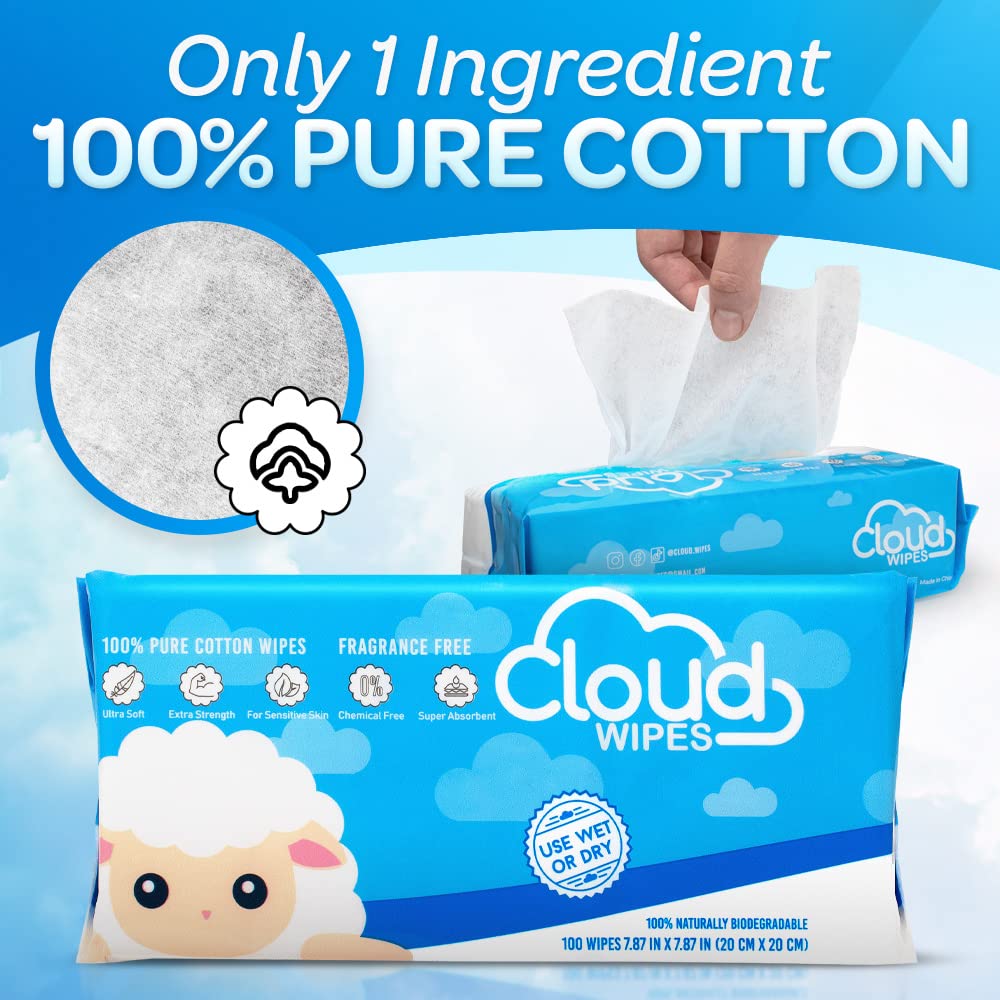 Cloud Wipes Pure Dry Cotton Baby Wipes Soft Durable Unscented Cloth Tissue for Sensitive Skin (2-Pack 200 Count)