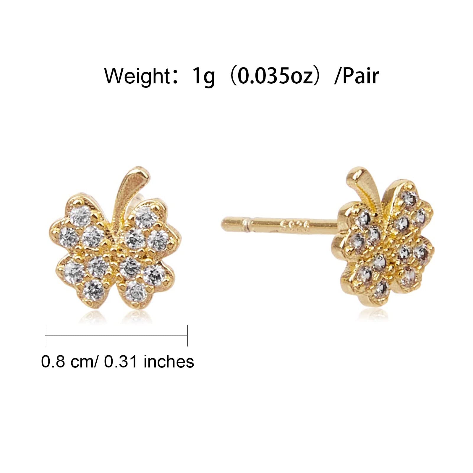 14K Gold Plated Stud Earrings Cubic Zirconia Earring Four Leaf Clover Earrings Small Stud Earrings S925 Silver Needle for Women
