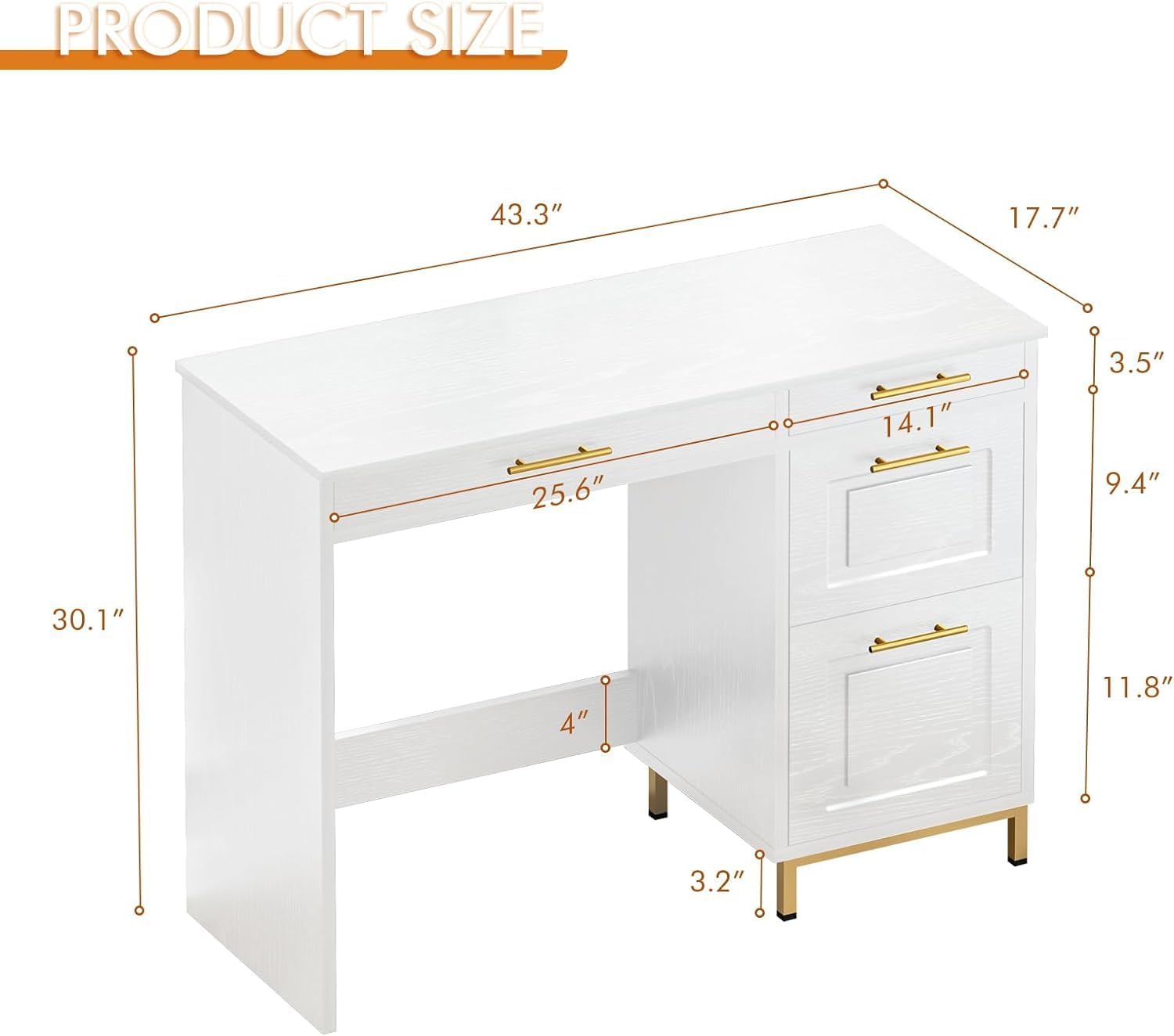 4 EVER WINNER White Desk with Drawers, 43β Home Office Small Desk with Drawers, Gold Hardware for Small Space, White and Gold Desk Writing Study Table for Bedroom