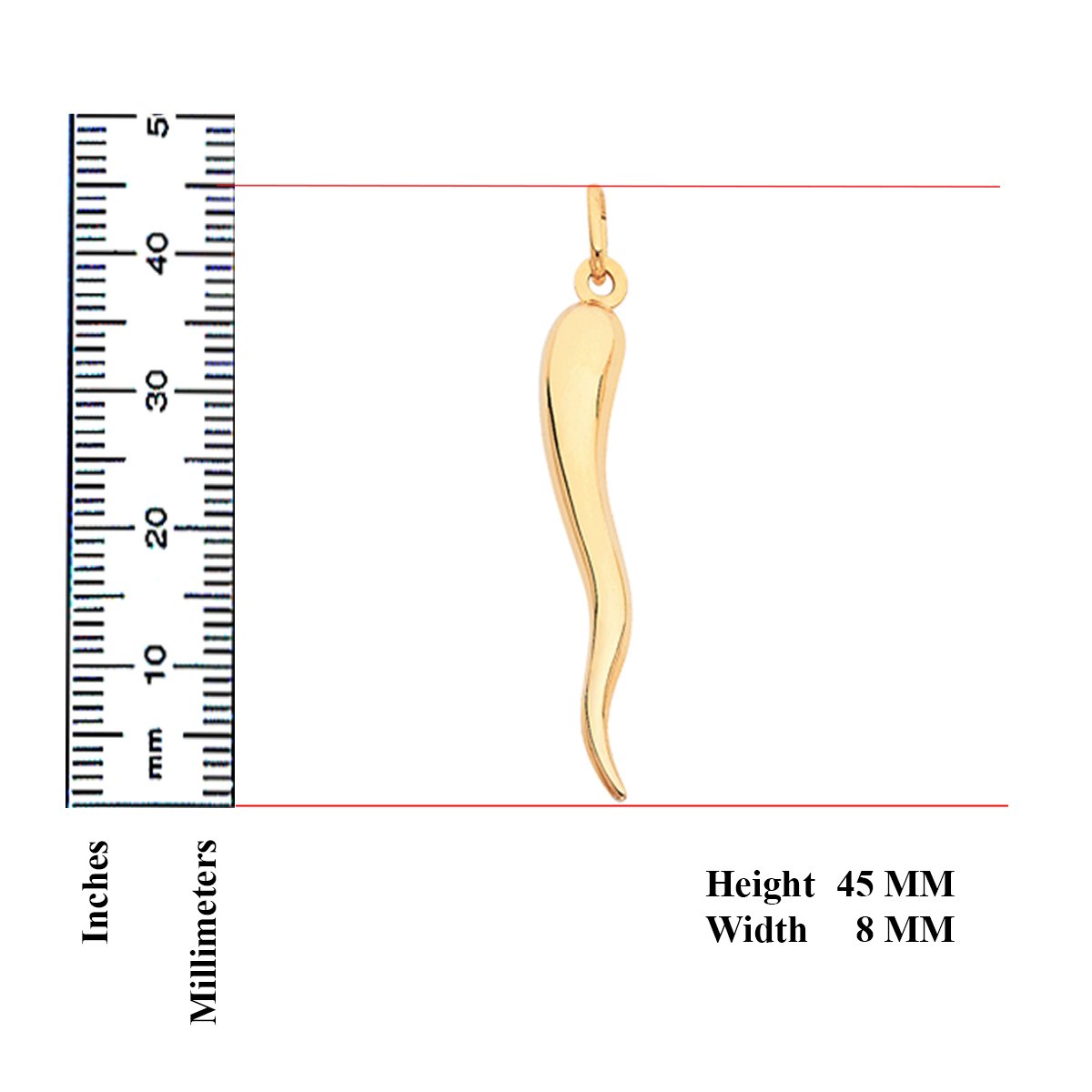 14K Gold Italian Horn Charm Pendant - Twisted Cornicello Fortune Dangle Pendant - Ward Off The Evil Eye - Fine Jewelry for Men & Women - Great Gift for All Occasions, 45mm x 8mm, 1.9 Grams