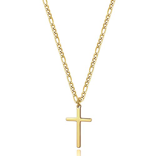 14K Gold Filled Cross Necklace for Men Figaro Chain Cross Necklace Stainless Steel Plain Cross Pendant Necklace Simple Faith Jewelry Gift for Boys 18"