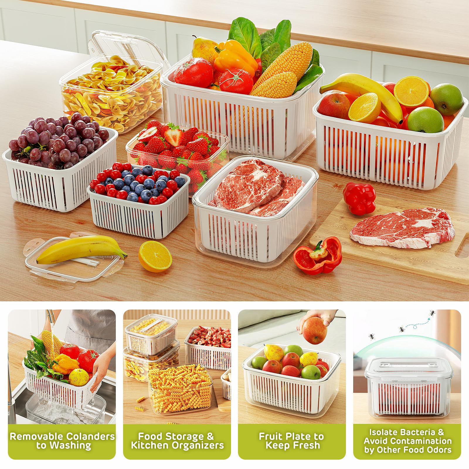 10PCS Fruit Vegetable Storage Containers for Fridge with Colander - Food Containers for Refrigerator Kitchen Organizer Produce Container Keep Fruits Vegetables Berry Meat Fresh longer,Dishwasher Safe