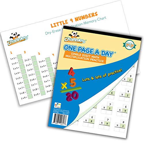 Channieās Math Practice Combo Pack for Elementary School Students, One Page a Day Workbook and Little 9 Little Numbers Reusable Dry Erase Poster for Practicing Single Digit Multiplication Problems