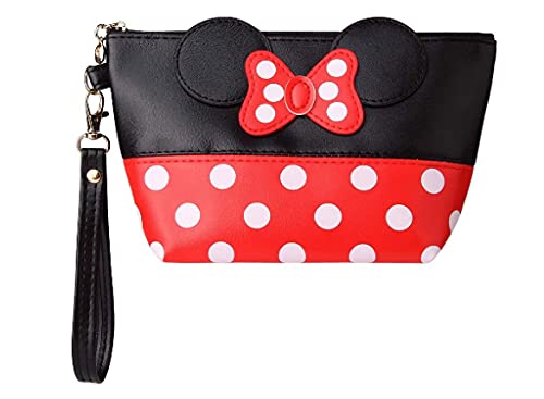 HORNO Cute Portable Cosmetic bag,Leather Travel Makeup Handbag with Zipper for Women Girls (Black)