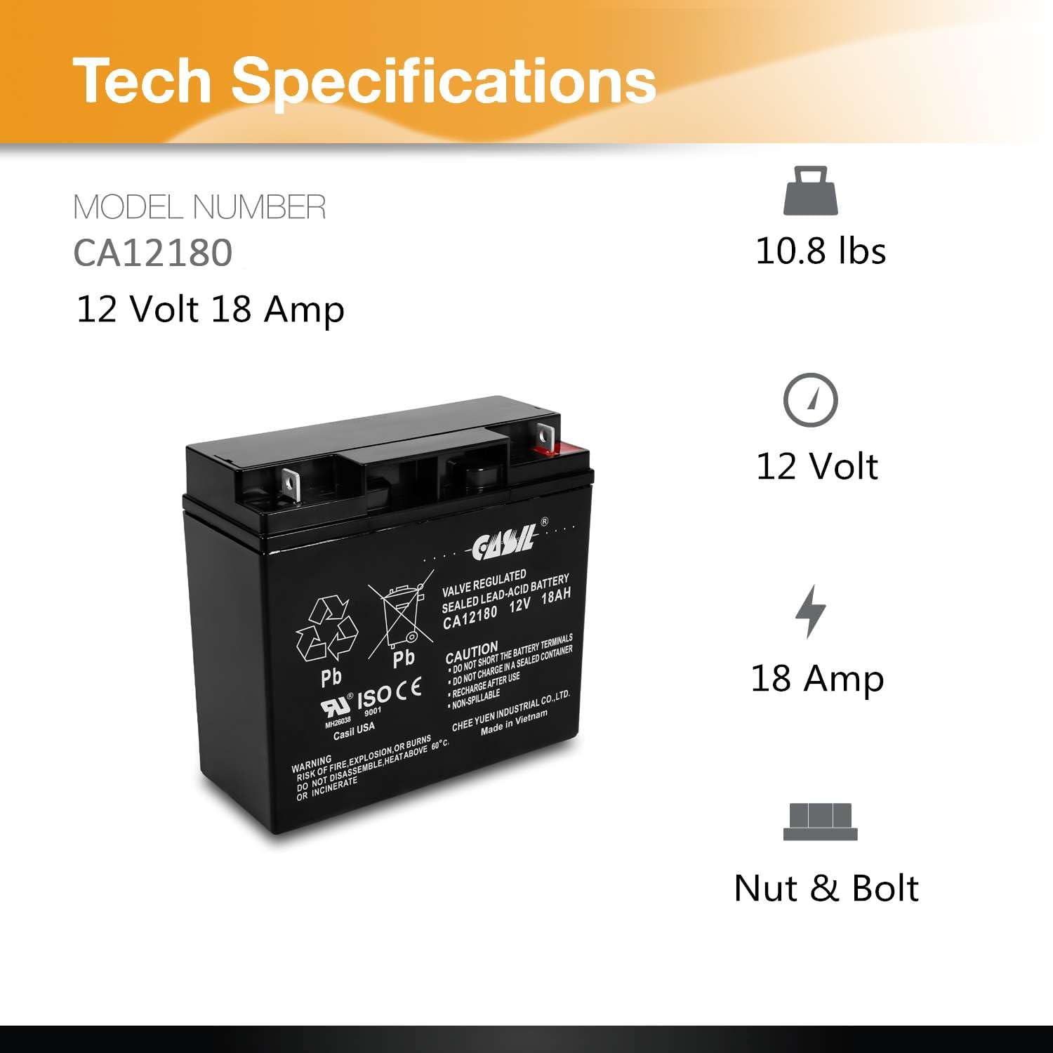 Casil 12V 18Ah Rechargeable SLA AGM Battery, Nut and Bolt (NB) Terminal, Replace EXP12180 ML18-12 UB12180 FM12180 TL1218 6fm18