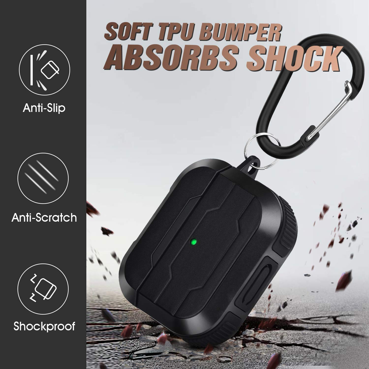 AirPods Pro Case Cover, Shock-Resistant Military Protective Men AirPod Pro Cases Accessories with Metal Carabiner Keychain, Designed for Apple AirPods Pro Wireless Charging Case (Black)