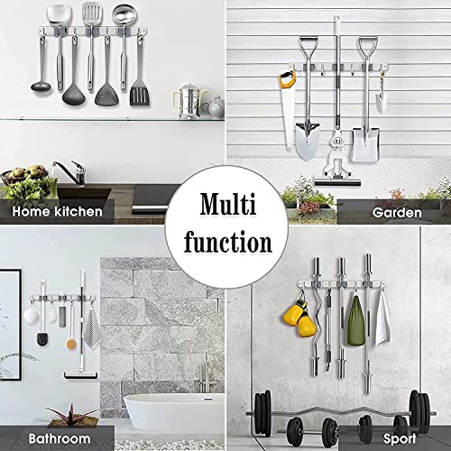 2 Packs Broom and Mop Holder Wall Mounted Garage Organizer Storage Tool Racks Heavy Duty Stainless Steel Mop Holder 4 Hooks 3 Clips, Holds up to 14 Tools for Laundry Room Garden Garage Closet Kitchen