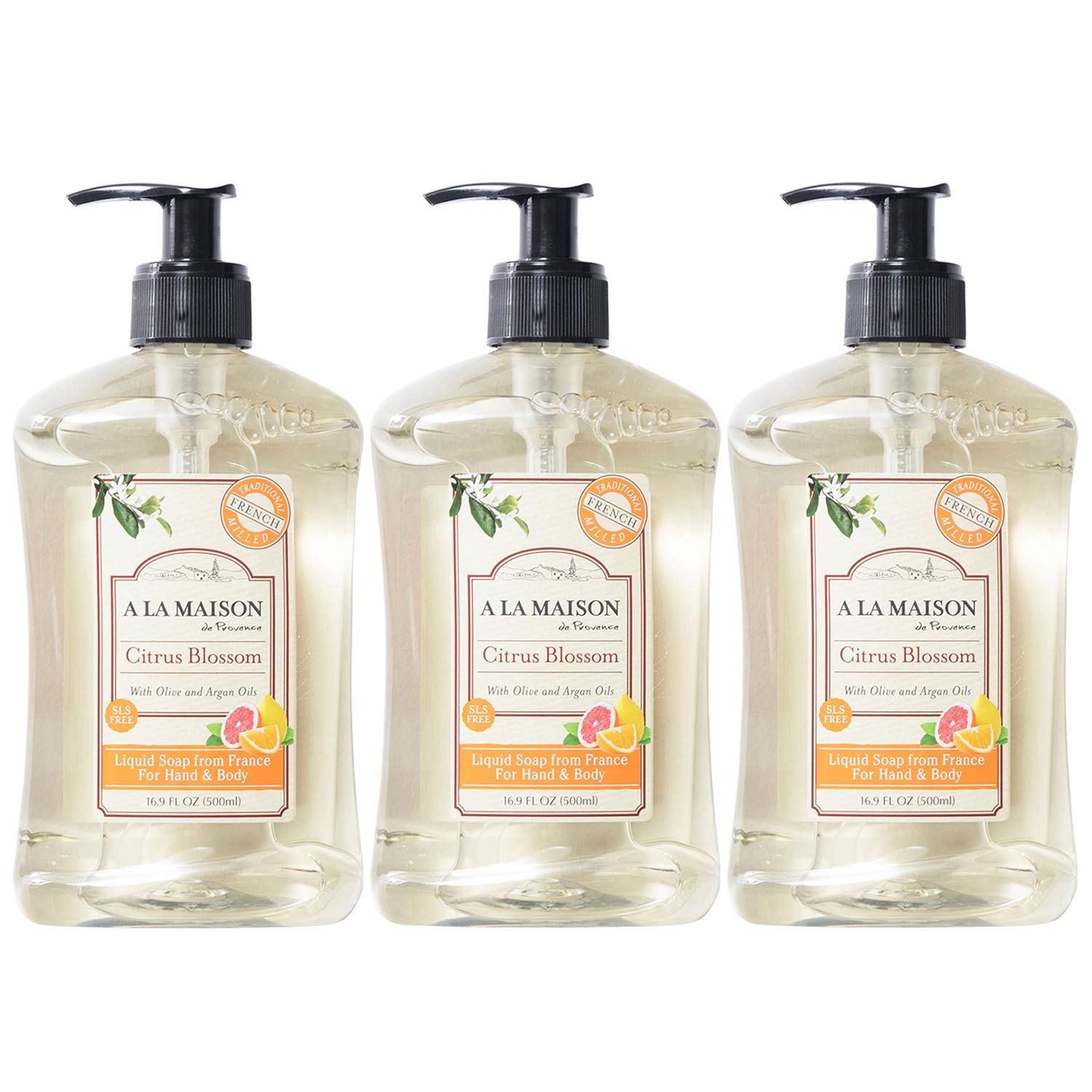 A LA MAISON French Liquid Hand Soap, Citrus Blossom - Natural Hand Wash Made with Essential Oils - Biodegradable, Plant-Based, Vegan, Cruelty-Free, Alcohol & Paraben Free (16.9 oz, 3 Pack)