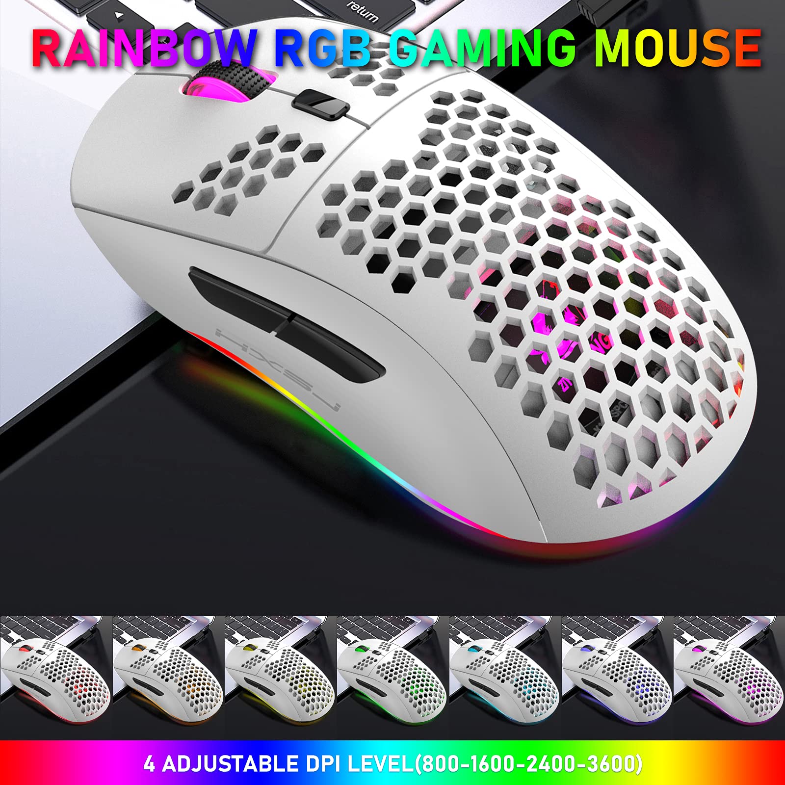 4 in 1 Wireless Gaming Keyboard Mouse and Converter with RGB Backlit Mini 61Key Ergonomic Honeycomb Shell 2.4Ghz USB Receiver Bluetooth Wired Adapter for PS4 PS3 Xbox Switch PC Mac Gamer Typist(White)