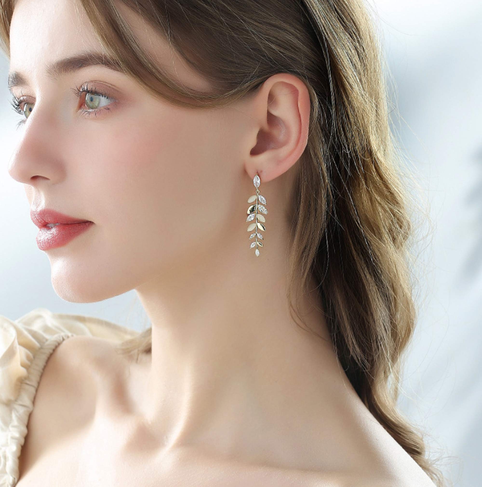 14K Gold Plated Olive Branch Leaf Cubic Zironia Cat Eye Dangle Earrings
