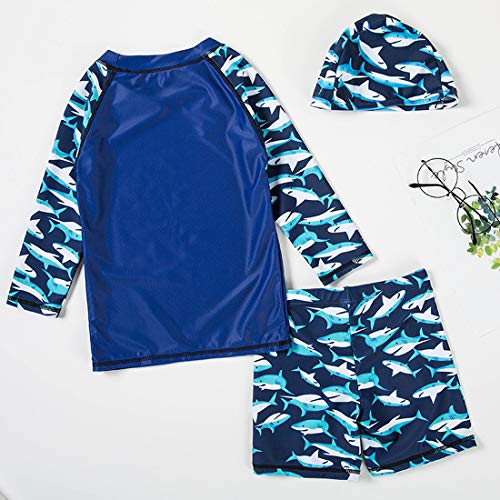 Baby Toddler Boys Two Pieces Swimsuit Set Long Sleeve Shark Bathing Suit Rash Guards Swimwear with Hat UPF 50+ (Navy Shark, 9 Months, 9_months)