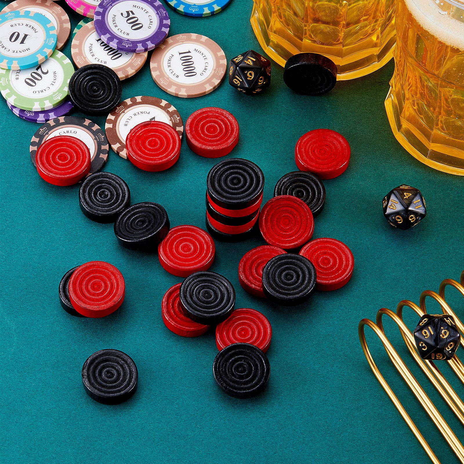 24 Pieces Wooden Checkers 1.06 Inch Checkers Board Game Pieces Stackable Ridge in Drawstring Storage Pouch for Checkers Game, Red and Black