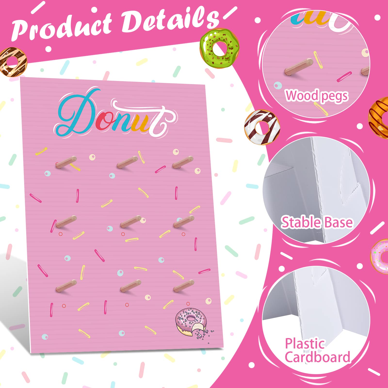 2 Packs Donut Display Stand Reusable Donut Holder Board Rustic Wood Donuts Rack Display Dessert Table Decorations for Birthday Party Wedding Baby Shower Treat Donut Party Supplies (Pink)