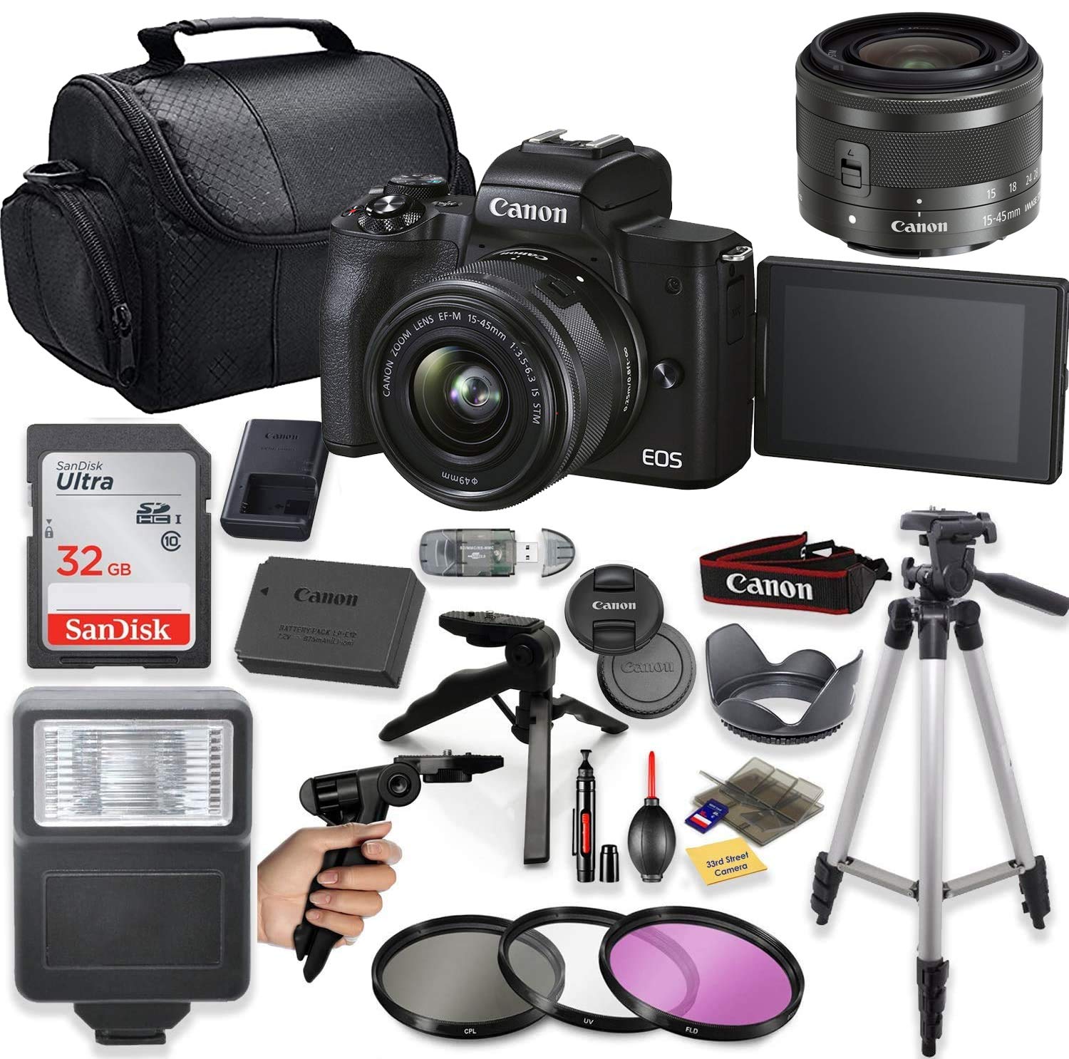 Canon EOS M50 Mark II Mirrorless Digital Camera (Black) with 15-45mm STM Lens + Deluxe Accessory Bundle Including Sandisk 32GB Card, Flash, Grip Multi Angle Tripod, 50" Tripod, Filters and More..