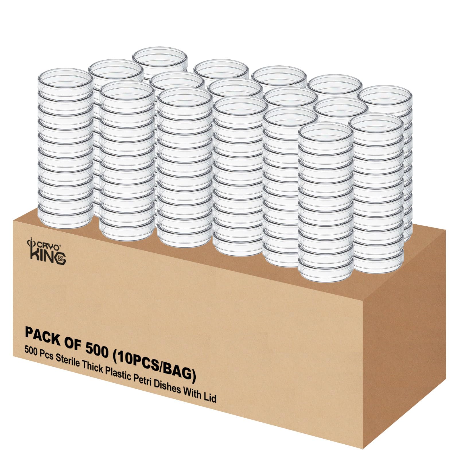 CryoKing 500 Pack Petri Dish, 60×15mm Sterile Thick Petri Dishes with Lid, Clear Stackable Thick Plastic Culture Dishes for Lab Experiment, School Science Project, Myclogy, Biology