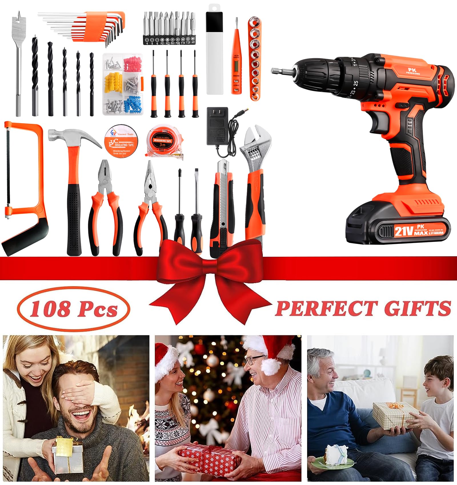 108 Pcs Cordless Drill Set, 531in-lbs MAX 21V Electric Power Drill Driver Kits, 3/8''Keyless Chuck 2 Variable Speed Drill with Faster Charger Hammer LED Light Tool Box Set for Home Repair Tool Kit