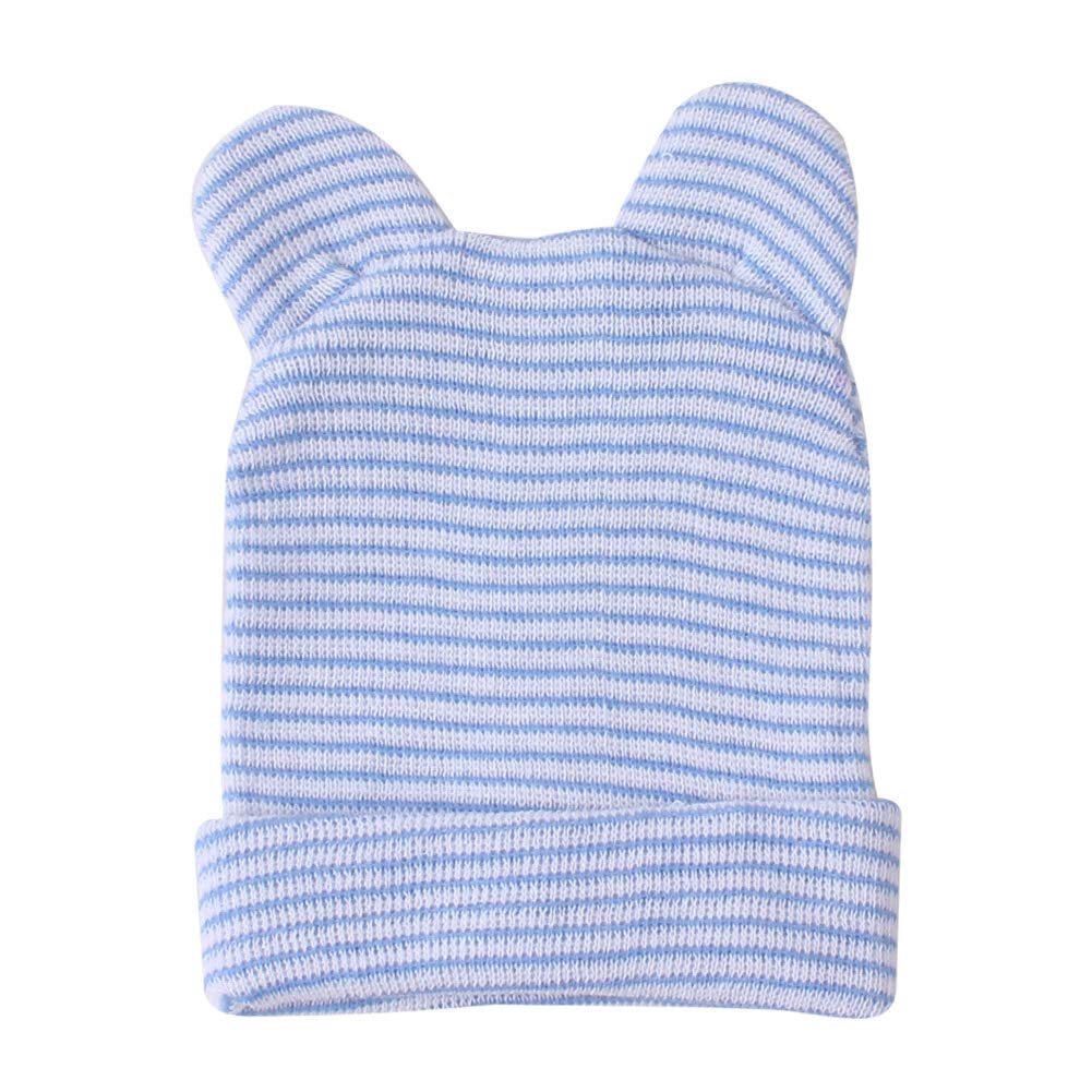 Aablexema Newborn Hat with Ears - Infant Boys Hospital Hat Baby Nursery Beanie Caps 0-3 Months(3pcs, A White & Blue & Grey)