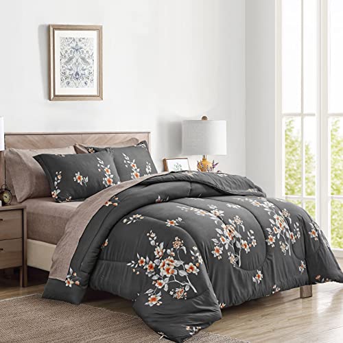 7 Pieces Bed in a Bag King Comforter Set with Sheets, Dark Grey Floral Design Soft Microfiber Bedding Sets for All Season (1 Comforter, 2 Pillow Shams, 1 Flat Sheet, 1 Fitted Sheet, 2 Pillowcases)