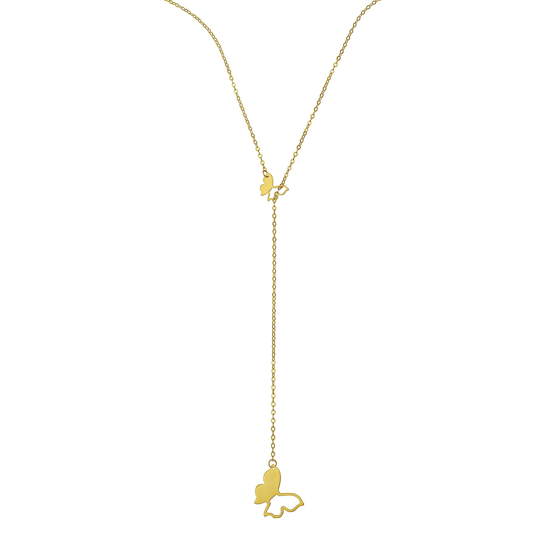 14k Italian Solid Yellow Gold Lariat Y Drop Sliding Pendant Butterflies Necklace, 28”