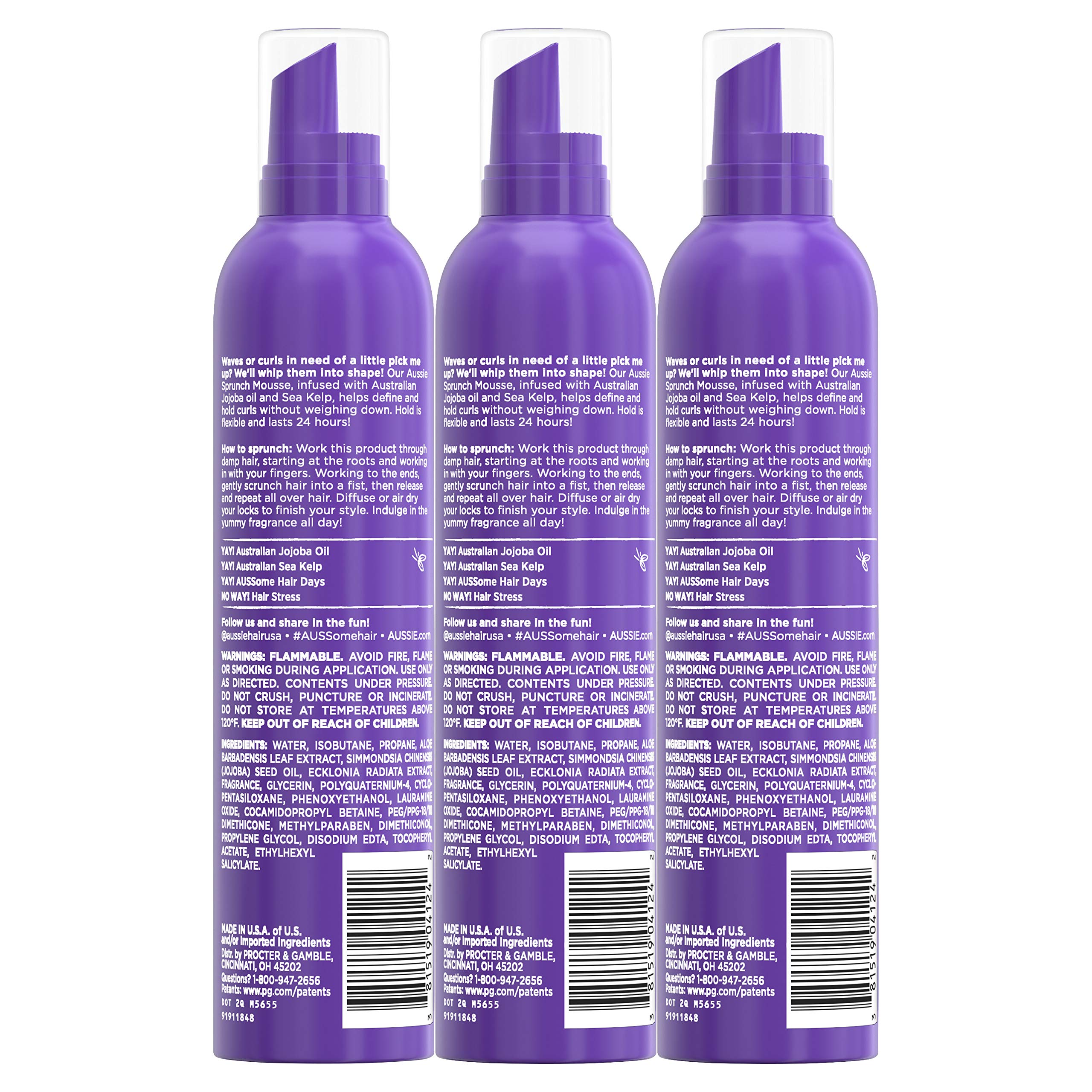 Aussie Leave In Conditioner & Mousse, with Jojoba & Sea Kelp, Sprunch, For Curly Hair, 6.8 fl oz, Triple Pack