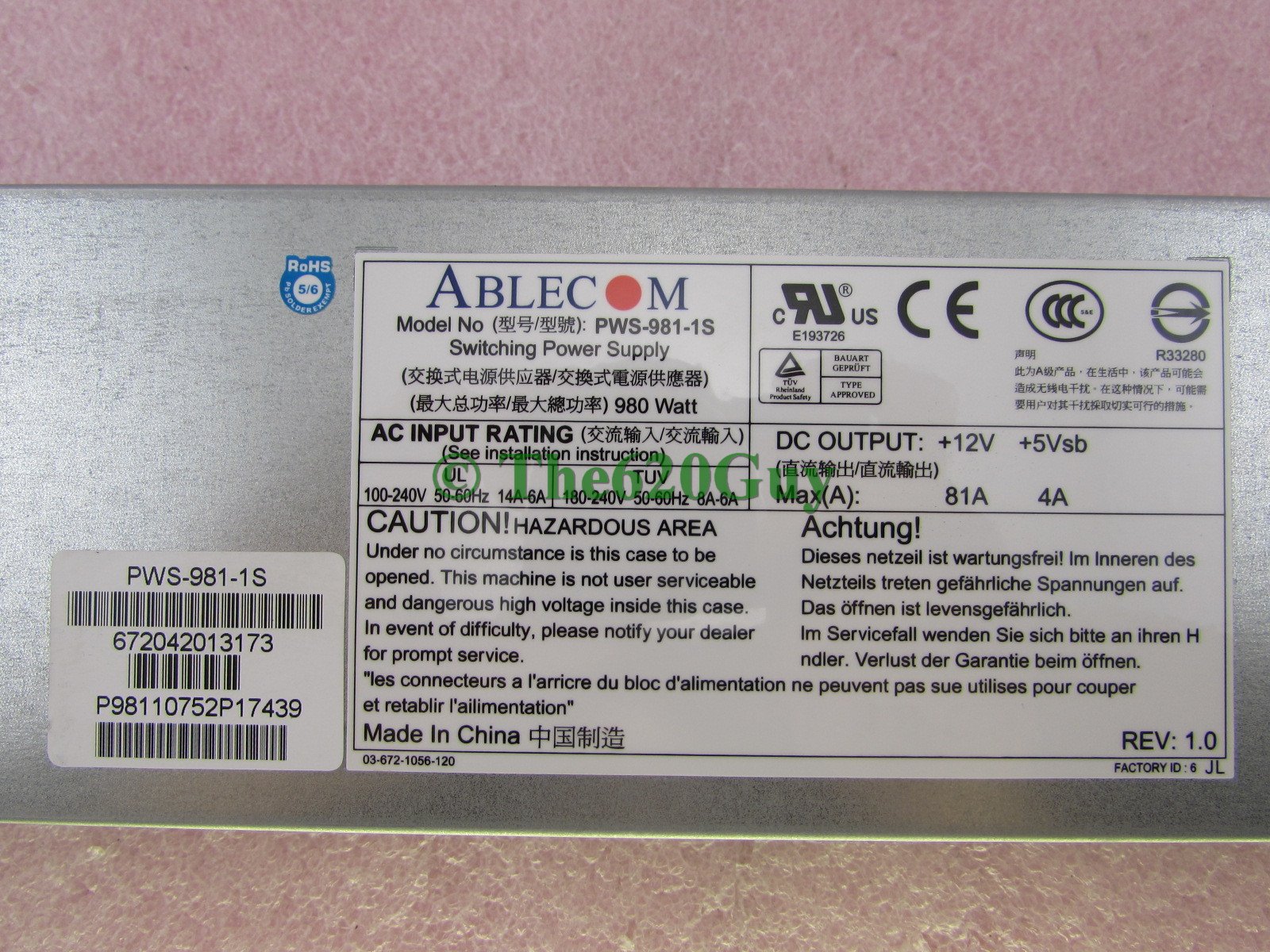 Ablecom PWS-981-1S 980W Single Cold Swap 12V Switching 1U Server Power Supply