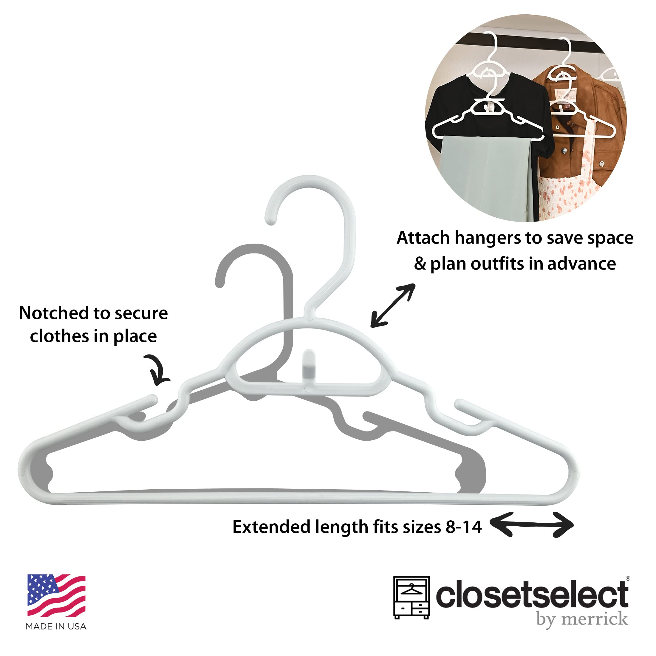 30 Pk Youth Petite Plastic Hangers for Children Clothes Sizes 8 to 12, Petite, Preteen, Junior, 30 Pack (White)