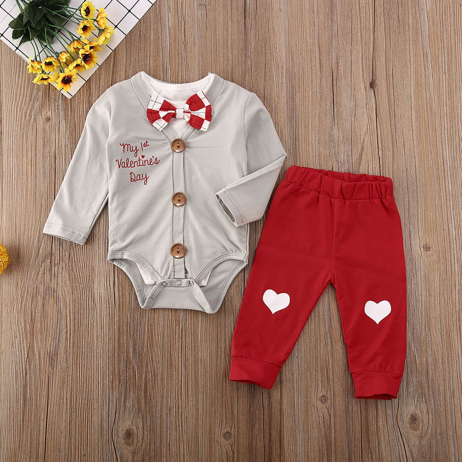 Bowanadacles Newborn infant baby boy clothes my 1st valentine day 3Pcs outfit long sleeve romper onesie heart pants (White+Gray+Red, 6-12 months)