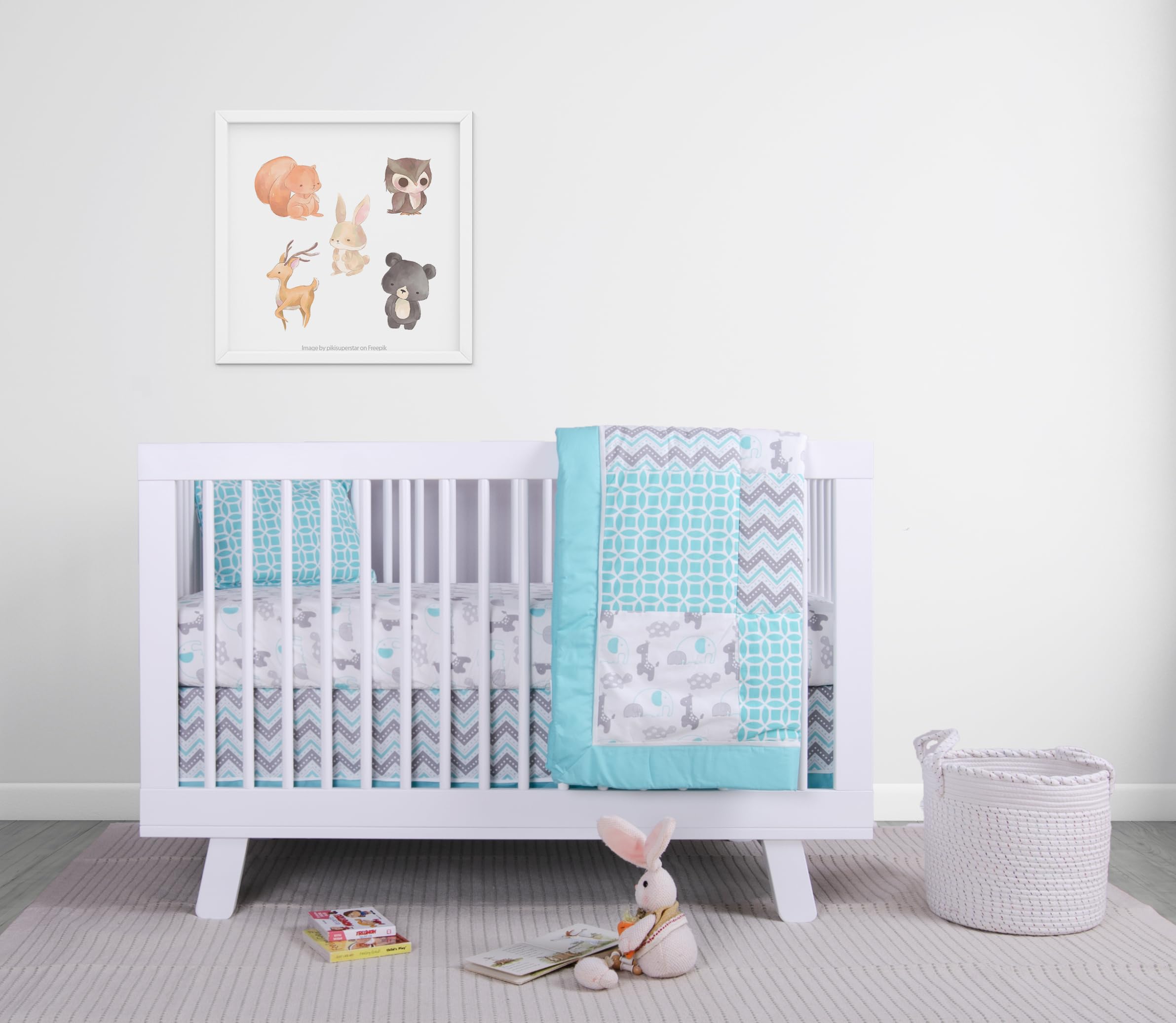 BabyFad Animal Print Turquoise 9 Piece Baby Crib Bedding Set 100% Cotton