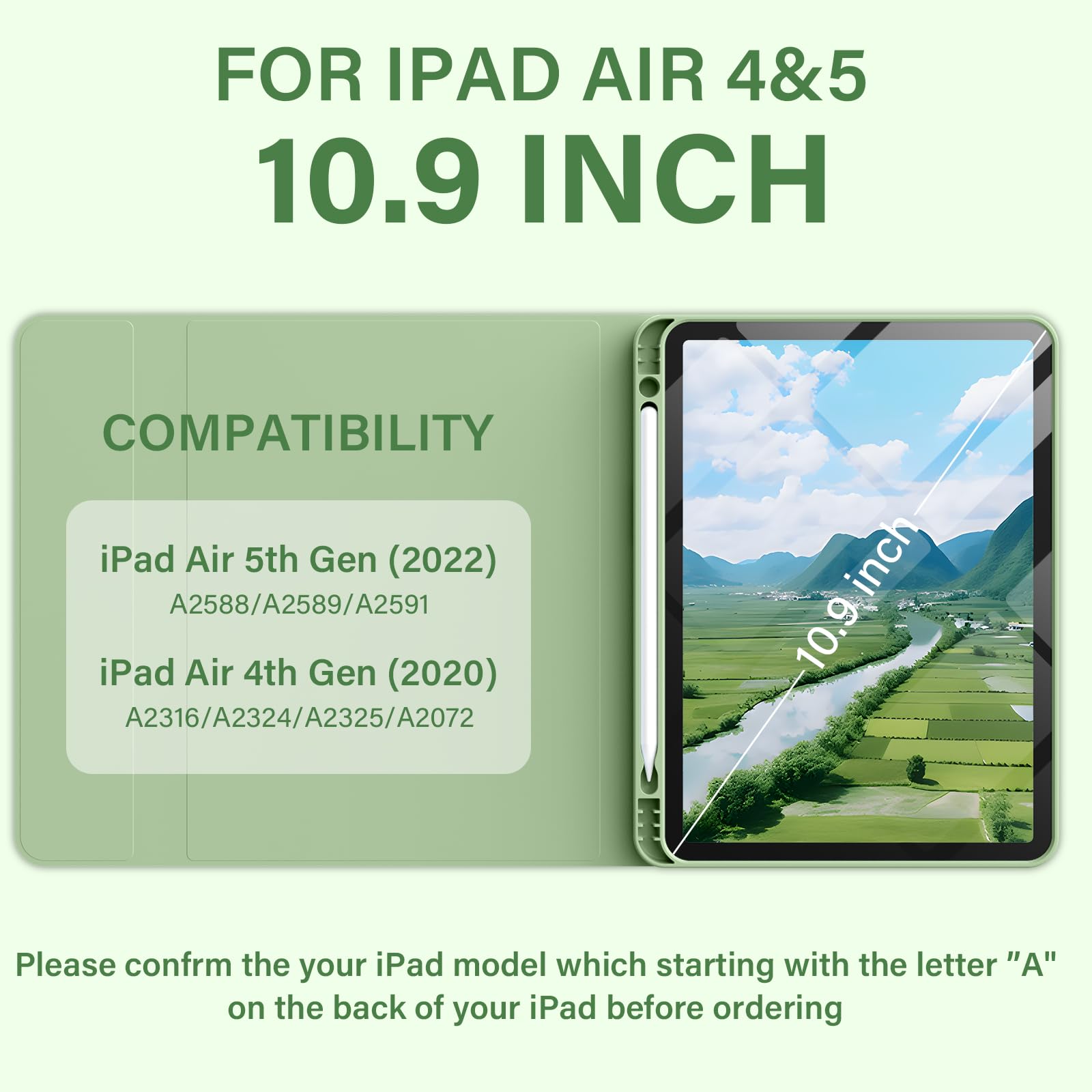Aoub Case for iPad Air 6th 11-inch M2 2024, iPad Air 5th/4th Generation 10.9 inch 2022/2020, Stand Folio Detachable Wireless Bluetooth Keyboard Cover Soft TPU Back Case with Pencil Holder, Light Green
