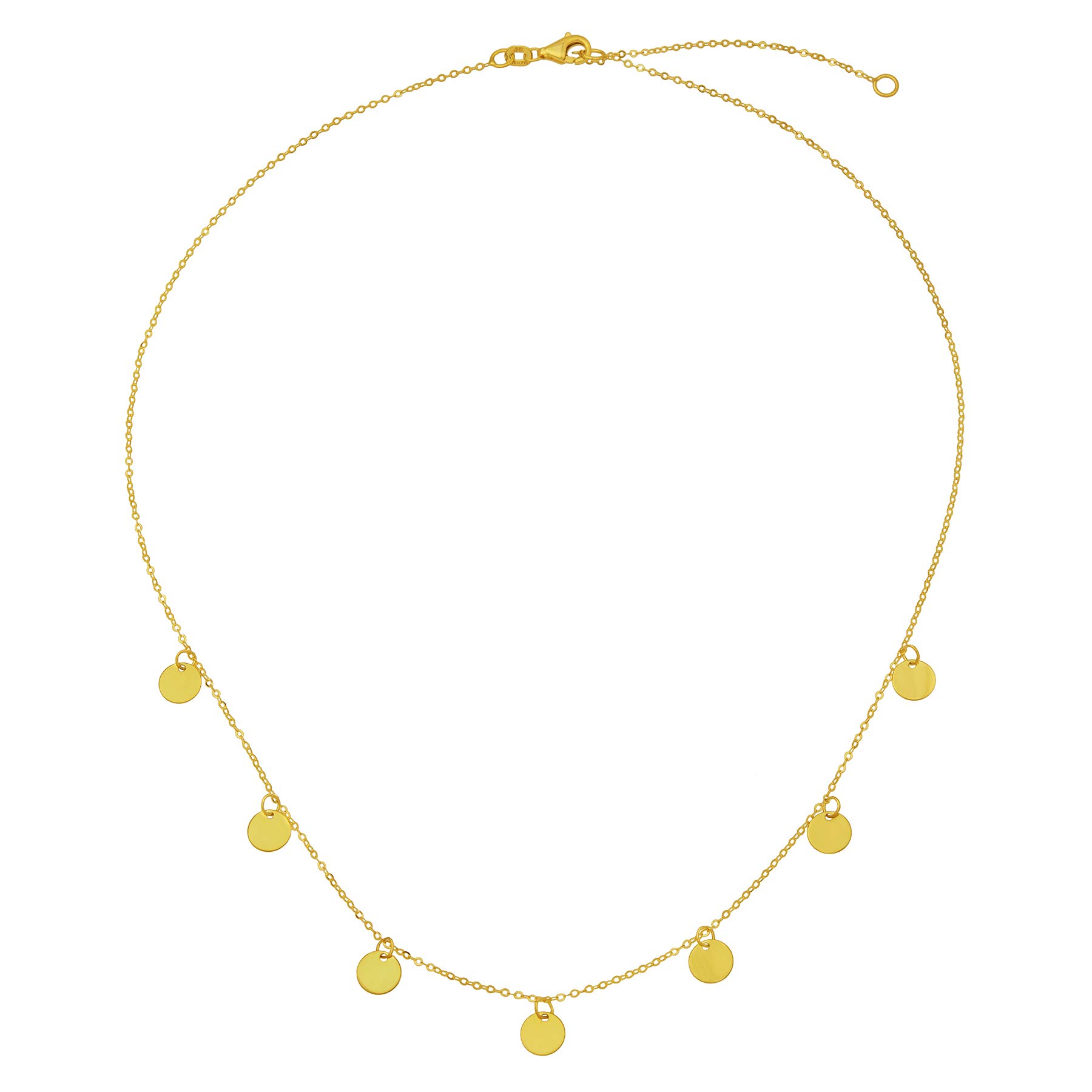 14k Italian Yellow Gold Dangling Mini Disc 7-Station Necklace, Adjustable 16" or 18"