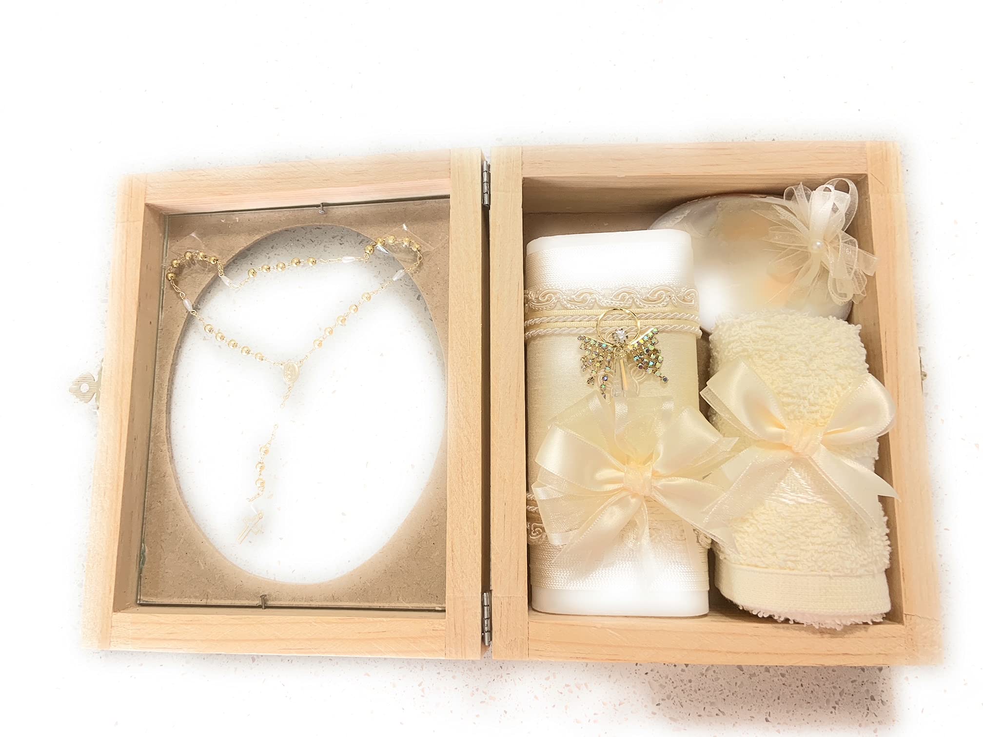 Catholic Baptism Kit in a Wooden Box with Towel, Candle, Rosary and Shell for Baby Boys and Girls. Handmade in Mexico Gift for Godparents. Holy Spirit Baptism Candle Set. Kit de Bautizo