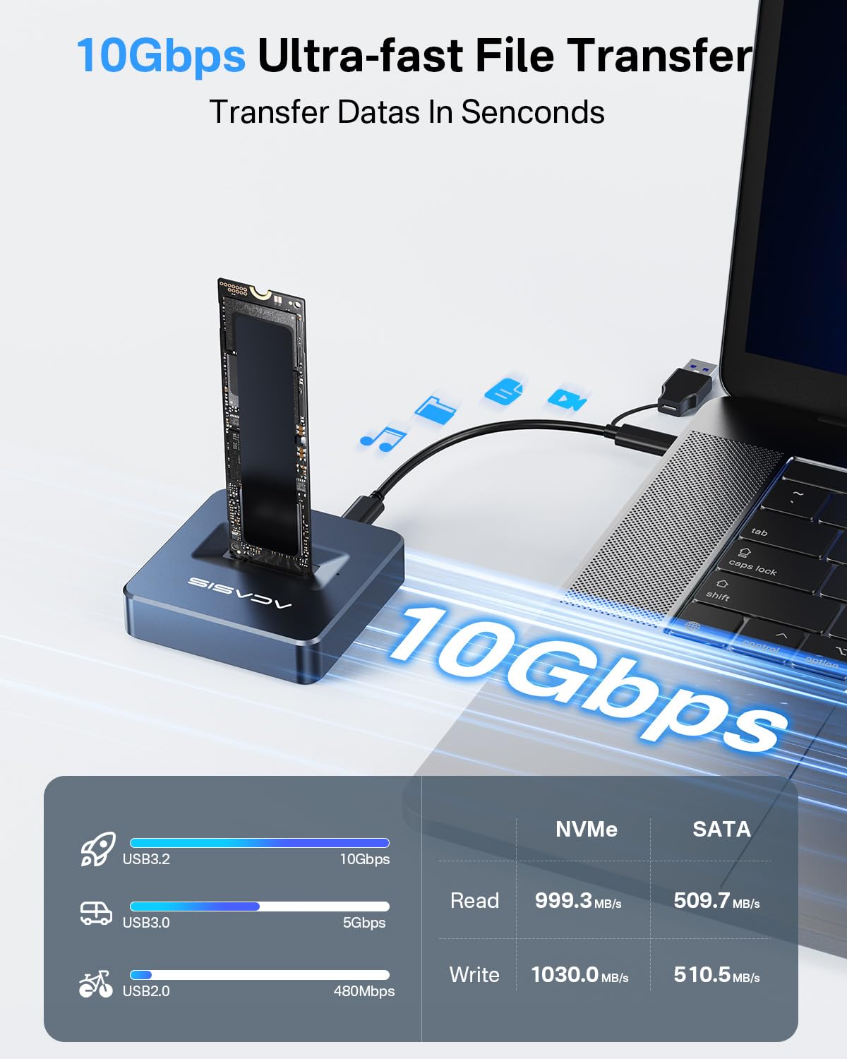 ACASIS NVME SSD Reader Adapter, Aluminium Alloy Housing Fast Heat Dissipation, NVME to USB Docking Station, M.2 SSD to USB Adapter 10Gbps, Support M.2 (M Key) NVMe SSD and (B+M Key) SATA-Based SSD