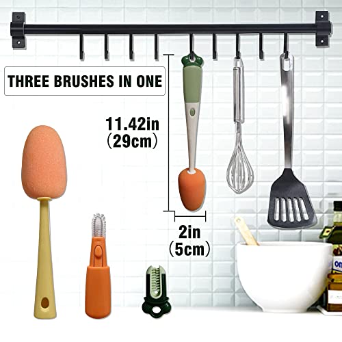 3 in 1 Multifunctional Long Handle Cleaning Cup Brush, 2023 New Bottle Cap Detail Brush Bottle Gap Cleaner Brush for Kitchen Water Bottle Cover Feeding Nozzle Glass Cup (2 Color Set)